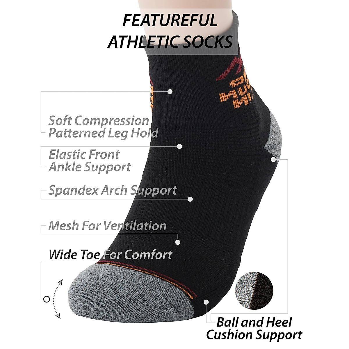Pro Mountain Quarter Ankle Compression Athletic Cotton Mesh Hiking Socks W Logo Size M US Men Shoes 7-9 Women 8-10 Black 6 Pairs Pack