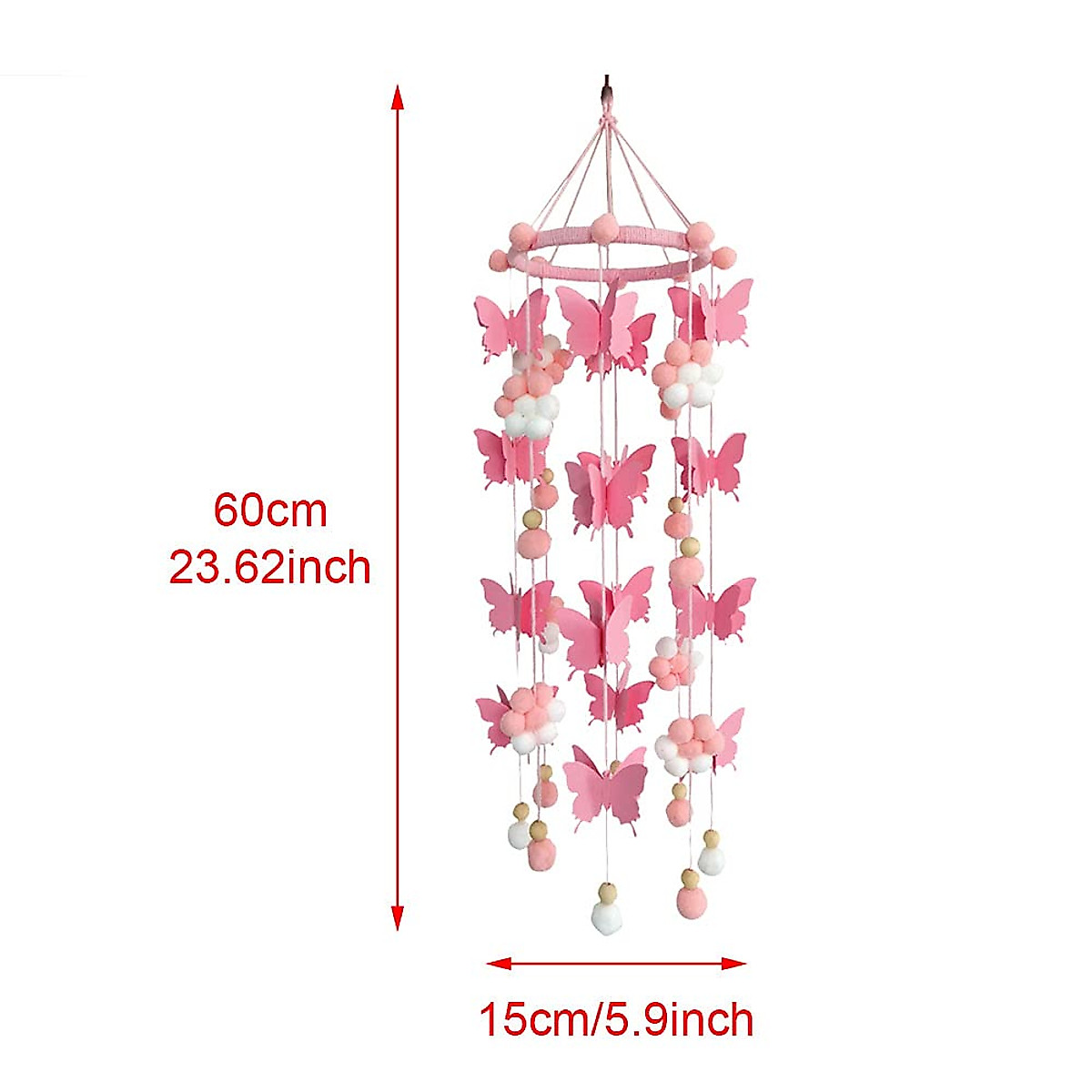 Baby Crib Mobile, Cute Butterfly Wind Chime, Handmade Felt Ball Mobile Ceiling Mobile Hanging Decoration for Newborn Nursery, Baby Nursery Room Decor(Pink)