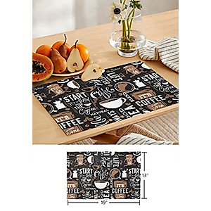 Rural Coffee Table Mats Set of 6 with Table Runner 70 Inches Long,Cotton Linen Tablerunner Burlap Kitchen Dining Placemats for Wedding/Coffee/Dress Party,Shabby Chic Esppresso Beans Cup Drinking