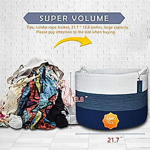 COMSE Extra Large Blanket Basket, Storage Basket, Laundry Basket, 21.7”x 13.8”, Laundry Hamper, Cotton Rope Basket, Blanket Basket Living Room, Toy Basket (White & Cadet Blue & Navy Blue)