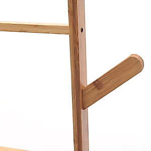 43.3" Bamboo Clothing Garment Rack, Clothes Coat Hanger w/6 Side Hooks Combo, Free Standing Closet Organizer Rack Entryway Bedroom Storage Shelves Clothes Hanging Rack With 360°Rotation Roller Wheels