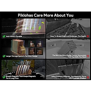 Piklohas Kitchen Knife Sets For Kitchen With Block, 14 Pieces With Magnetic Knife Holder, German High Carbon Stainless Steel Damascus Pattern Chef Knife Set With Sharpener, Steak Knives, Black