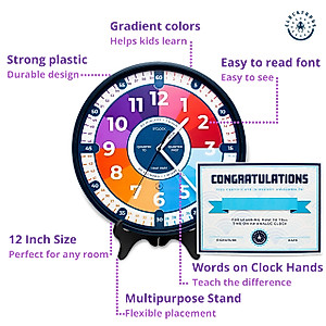 CLOCKTOPUS Kids Learning Clock. Wall Clock Silent with Stand. Analog Clock Telling Time Teaching Clock for Kids. Educational Clock for Kid Playroom Decor, Classroom Clock, Homeschooling Supplies