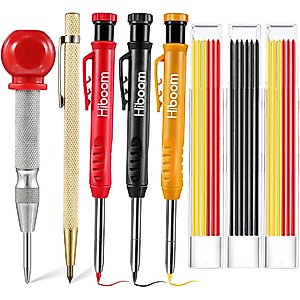 Hiboom 8 Pack Mechanical Carpenter Pencils Set with Center Punch, Carbide Scribe Tool, Solid Pencil Marker Tool with Built-in Sharpener, 21 Refills Red Yellow Gray, Great for Woodworking Architect