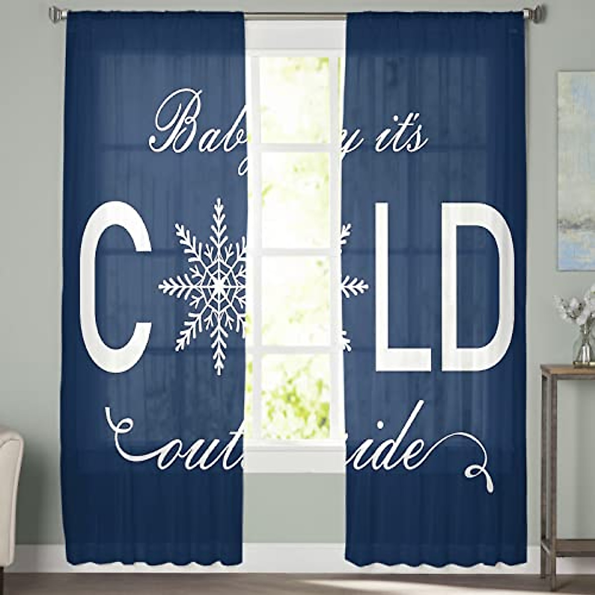 Semi Sheer Curtains 63 Inch Length 2 Panels Set, Christmas Sheer Kitchen Curtain Rod Pocket Drapes for Living Room Bedroom Privacy Voile Window Treatment Cold Winter Snowflakes Blue Backdrop