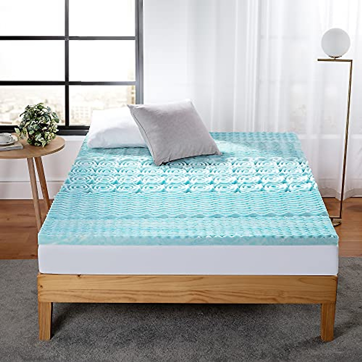Zinus 1 Inch Green Tea Cooling Gel Memory Foam Zoned Support Mattress Topper, King, Blue
