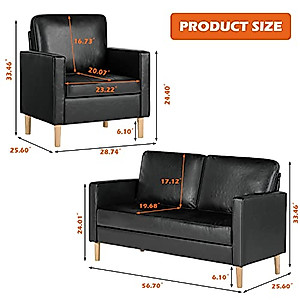 AILEEKISS Mid-Century Sectional Sofa Set Faux Leather Office 3 Pcs Couch Set with Armrest Modern Upholstered Loveseat Couches (1-Seater+1-Seater+2-Seater, Black)