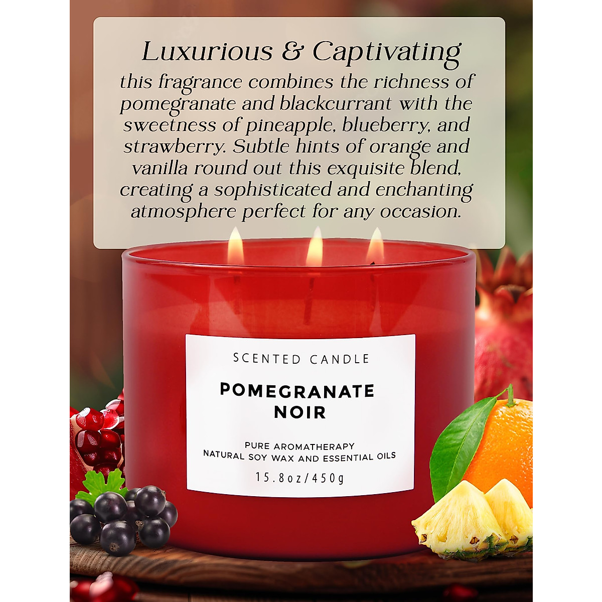 Pomegranate Noir 3-Wick Scented Candle with Strawberry & Vanilla | Highly Scented Natural Soy Candle for Home & Office | Aromatherapy Stress Relief Candle | Luxury Winter Gift Candle for Women & Men
