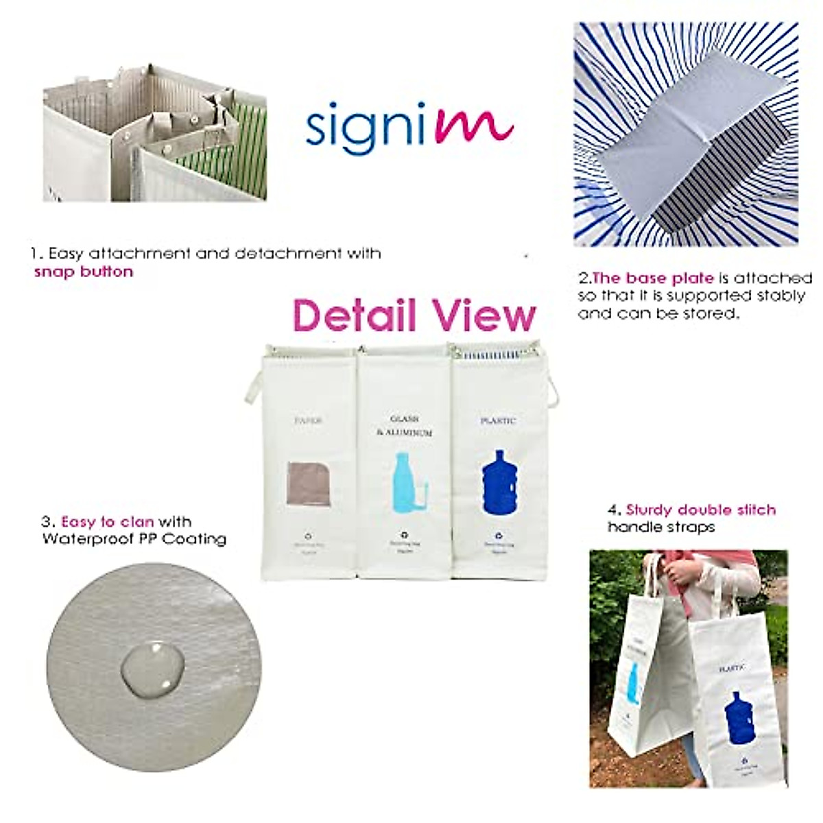 Signim 413 Separate Recycling Waste Bin Bags for Kitchen Home Recycle Garbage Trash Sorting Bins Organizer Waterproof Baskets Compartment Container, White (Set of 3 Pack)