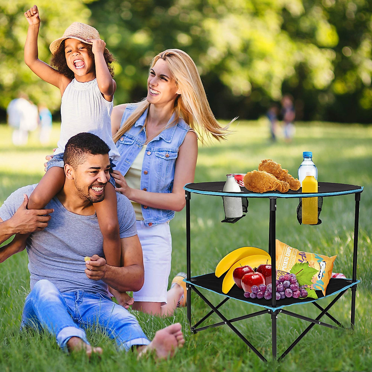 LUCKYERMORE Portable Camping Table, Folding Picnic Tables with 4 Cup Holders and Storage Rack, Carry Bag Included, Lightweight Tailgate Beach Table for Outside BBQ Picnic Beach, Black & Blue