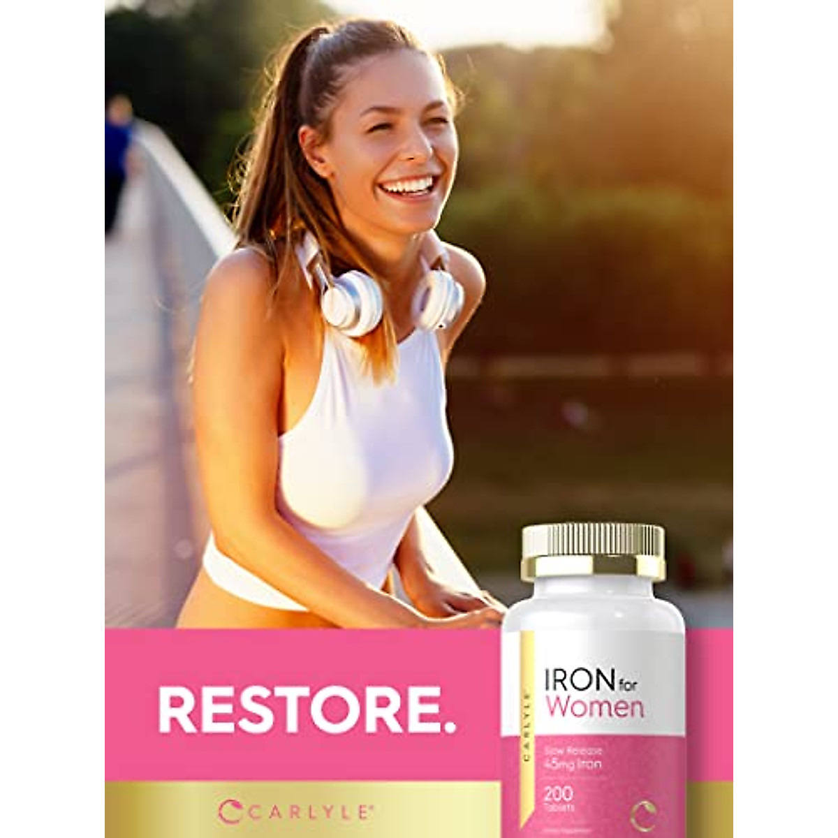 Iron Pills for Women | 45mg | 200 Slow Release Tablets | Vegetarian, Non-GMO, Gluten Free Supplement | by Carlyle