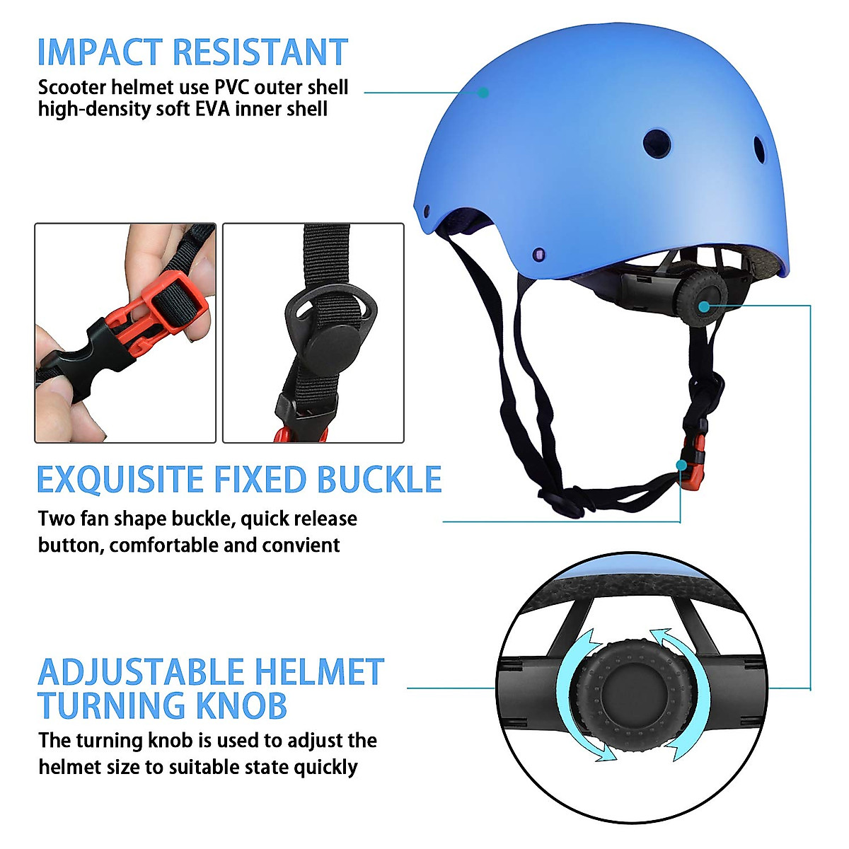 WayEee Kids Bike Helmet Set Skateboard Knee Pads, 7PCS Protective Gear Adjustable for Girls Boys 3-10 Age Elbow Pads Wrist Guards for Outdoor Sports Cycling Bike Roller Skating Scooter, Youth, Blue