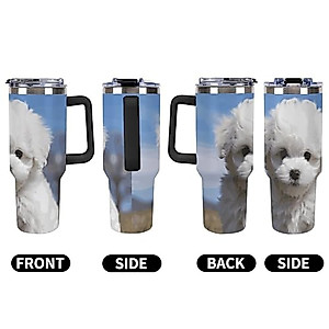 LLUTSNTH 40 Oz Vacuum Tumbler with Black Handle Leakproof Insulated Tumbler Bichon Frise Dog Stainless Steel Travel Mug with Lid And Straw Coffee Cup Cute Water Bottles Cup Holder Friendly