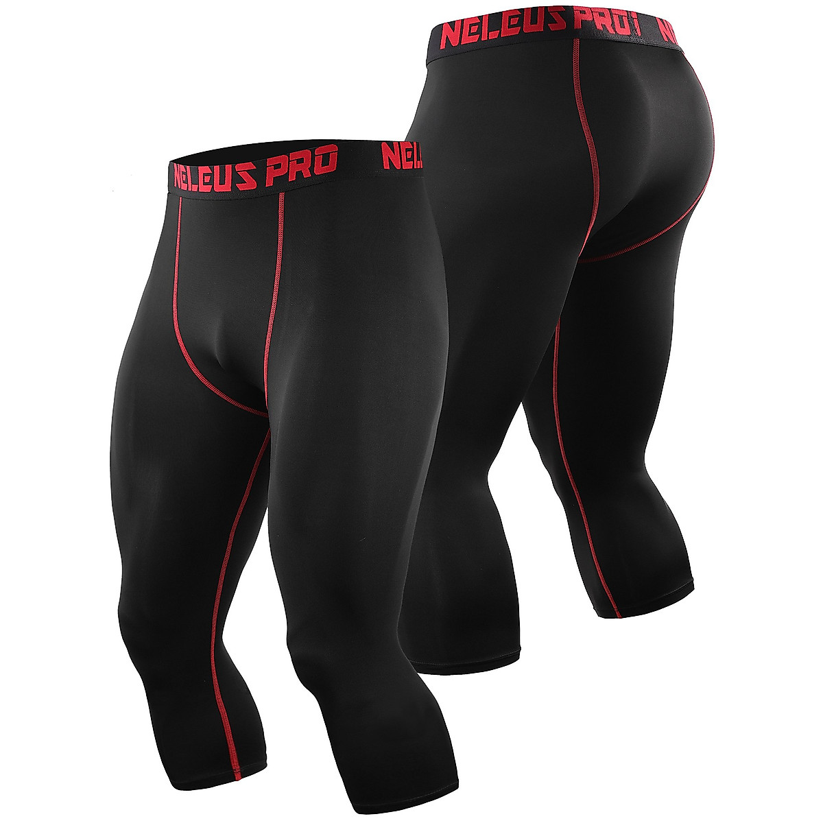 NELEUS Men's 3 Pack Running Capri Leggings Athletic Compression Short,6057,Black,red and Grey Stripe,3XL