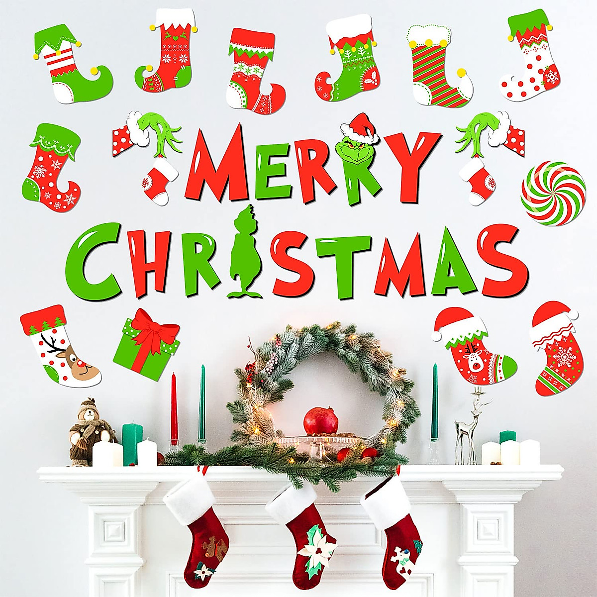 Christmas Stocking Cutouts Bulletin Board Decorations Set, Grinch Merry Christmas Letters, Whoville Christmas Party Supplies for Toddler Kid’s Room Students, Xmas School Holiday Classroom Decor