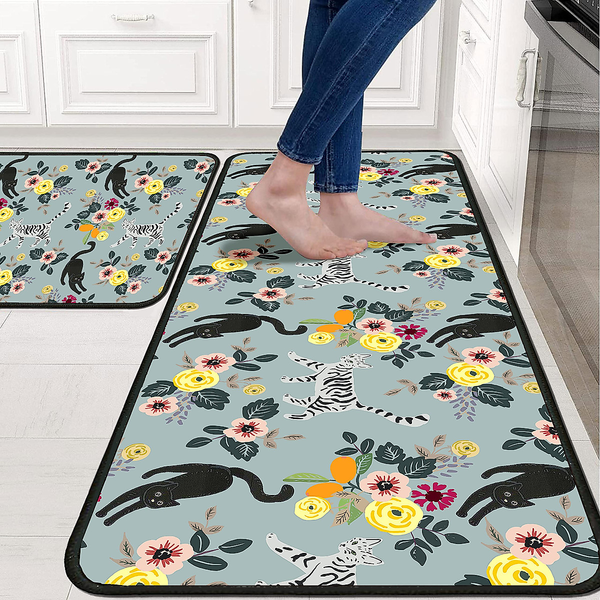 Ksoemar Cat Rugs and Mats Kitchen Floor Mats for in Front of Sink, Anti Fatigue Floor Mat for Kitchen, Padded Kitchen Mats for Standing and Kitchen Matt for Standing for Kitchen Decor 17"X30"+17"X47"