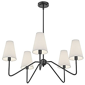 Electro bp;30" Dia 5-Arm Classic Chandeliers Matt Black with White Linen Shades,200W