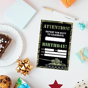 UDNADKEX Army Birthday Invitations for Boys with Envelopes, Invites for Birthday Party Camo Military, Camouflage Tank Birthday Party Invitations Cards, Attention The Duty, 4"x6" Set of 20