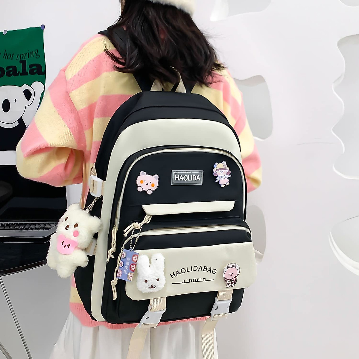 AG AGUU Backpack with Pendants and Pins Accessories 5Pcs Sets Rucksack bag for Women Aesthetic Canvas Daypack(Black)