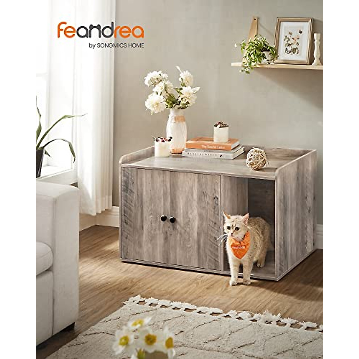 Feandrea Litter Box Enclosure, Cat Litter Box Furniture Hidden, with Front Entry, Modern Cat House for Indoor Cat, Kitty, Side End Table, 32.4 x 20.9 x 19.7 Inches, Greige UPCL001G01
