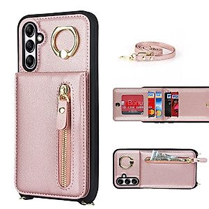 DEYHU Samsung Galaxy A14 5G Case with Card Holder for Women, Galaxy A14 5G Phone Case Wallet with Strap Credit Card Slots Crossbody with Zipper Shockproof Case for GalaxyA14 5G - Rose Gold
