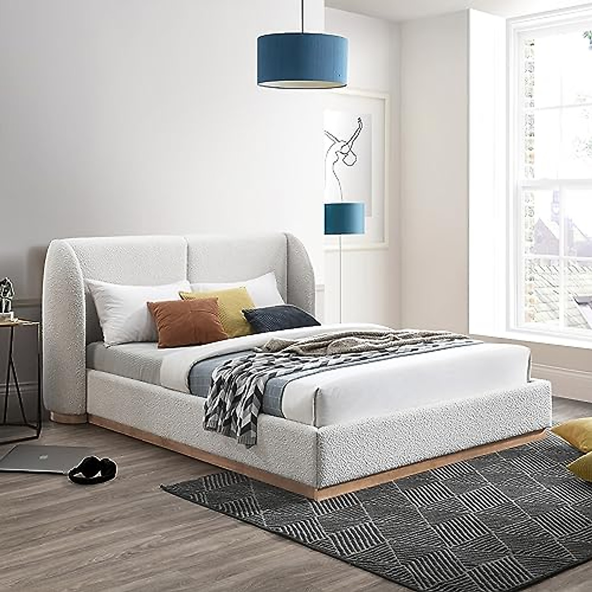 Meridian Furniture JardinCream-Q Jardin Collection Art Deco Queen Bed with Rich Cream Boucle Fabric, Solid Wood Base, Rounded Wing Back Bed, 65.75" W x 90" D x 40.25" H, Cream, Queen