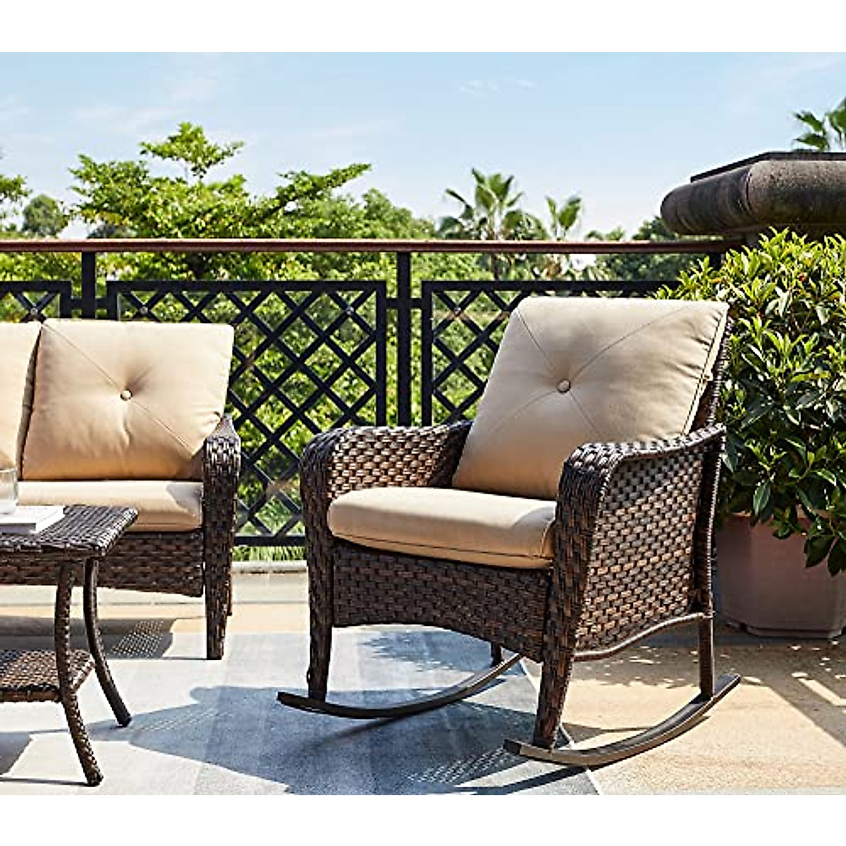 Rilyson Rocking Chair Outdoor，Patio Wicker Rocker Chair Porch Lawn Rocking Chair Deep Seating with Cushion (Brown/Beige)