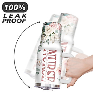 qoepfnsh Nurse Tumbler Pink Floarl 40 oz Tumbler with Handle Nurse Travel Coffee Mug Cup Stainless Steel Insulated 40oz Tumblers with Lid and Straw Nurse Gifts for Women