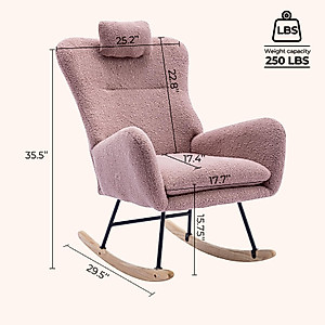 Unovivy Rocking Chair Nursery, Teddy Upholstered Nursing Armchair with Wood Base, Baby Glider Rocker with Headrest & Side Handy Cocket, Small Gliding Seat for Living Room, Bedroom, Office