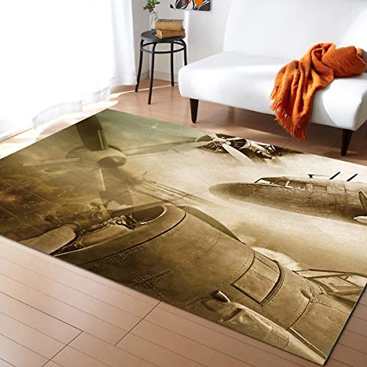Area Rug, 4x6ft Fluffy Rugs for Living Room, Non-Slip Non-Shedding Shag Carpet for Bedroom Decor, Aircraft Battlefield Air War Area Rugs for Aesthetic Room Decor