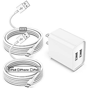 [Apple MFi Certified] iPhone Charger with Block 10 ft Cable, USB Wall Charger and Long 10 Feet Lightning Cord, 12W 2 Ports Charging Plug Block Box for iPhone 12/11/XR/X/Xs/Xr/8/7/6/6s Plus/SE/5c/iPad