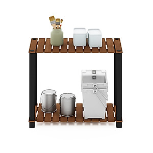 Furinno Pangkor 2-Tier Turn-N-Tube Indoor Outdoor Plant Shelf Large Rectangle Wood Stand with Square Poles, Natural/Black