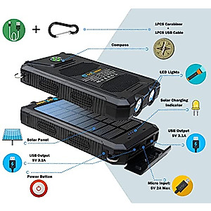 Solar Charger Power Bank 36800mah with 18W PD 5V*3.1A Fast Charging, QC3.0 Portable Charger Solar Power Bank,IP67 Waterproof Camping Gear Accessory for Outdoor (Black)