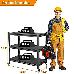 ZAOUS Garage Shelving Heavy Duty Loads 360LBS, 63" Heavy Duty Garage Storage Shelves, Adjustable 3 Tier Metal Shelves for Garage Basement Kitchen Warehouse, 31.5" H x 34" W x 18" D (3-Tier)