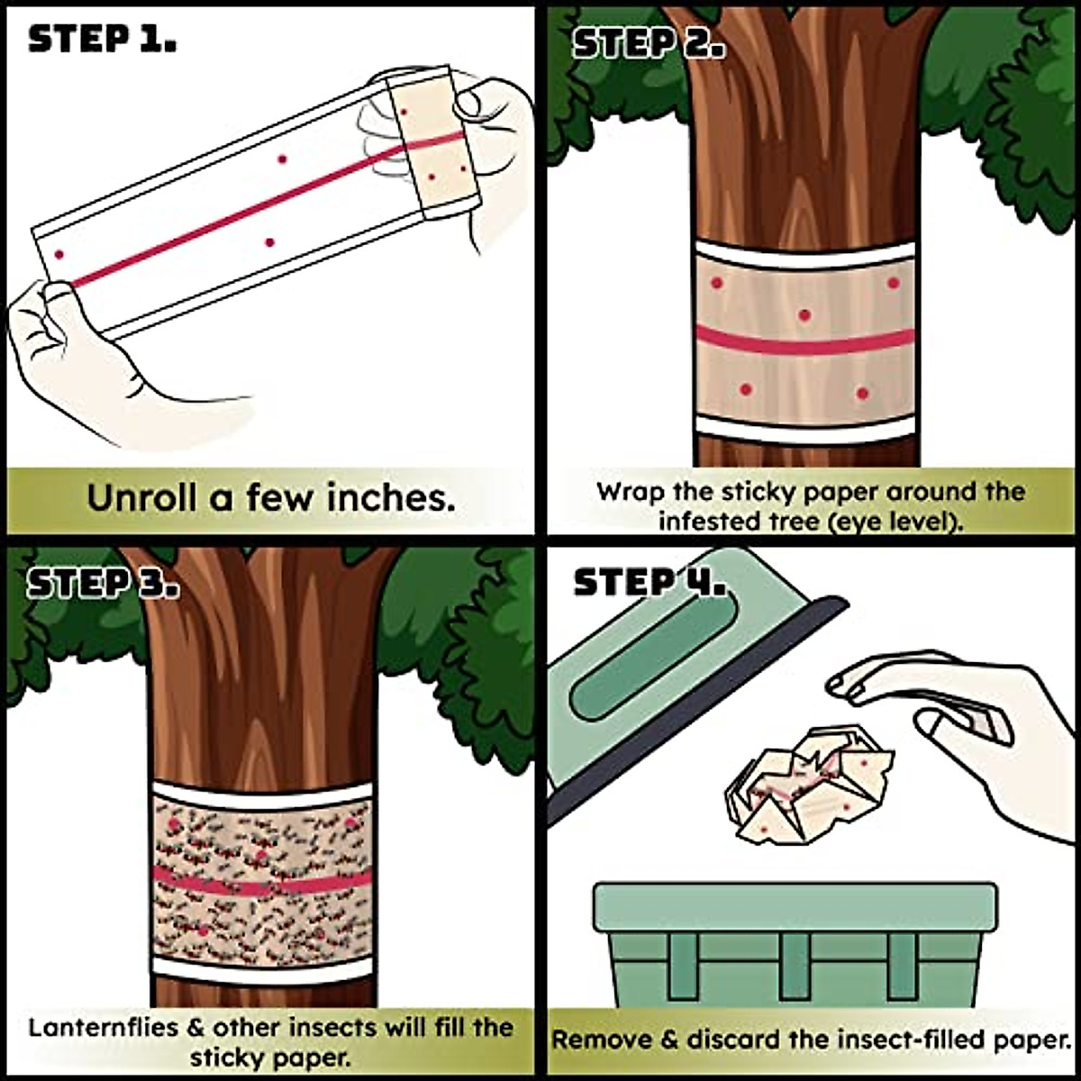 W4W, Spotted Lantern Fly Tree Trap - 4 Rolls (30 Feet Each Roll) - Lanternfly Tree Tape Creates a Sticky Barrier Protecting Trees from Harmful Insects - Non-Toxic