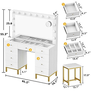 DWVO Vanity Desk Set with Hollywood Bulbs Mirror Power Outlet, Large Glass Top Vanity Makeup Mirror Desk Crystal Handle 3 Color Lighting Modes 9 Drawers Magnifying Glass, Makeup Vanity w/Bench, White