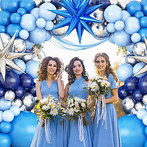 Blue Silver Balloon Arch Garland Kit, Navy Blue Silver Blue Pastel Blue Latex Party Balloon with Silver Blue Star Foil Balloon for Birthday Baby Shower Wedding Graduation Anniversary Party Decor