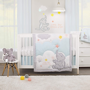 Disney Dumbo - Shine Bright Little Star Aqua, Grey, Yellow and Orange 3 Piece Nursery Crib Bedding Set - Comforter, Fitted Crib Sheet, Dust Ruffle