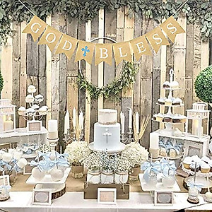 FAKTEEN God Bless Burlap Banner Baptism First Communion Decorations for Boys Confirmation Centerpiece Decor Baby Shower and Birthday Party Supplies