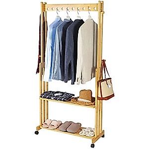 INTOBOO Bamboo Garment Rack, Clothes Hanging Rack with 2 Tier Storage Shelves, Heavy Duty Clothing Rack & Storage Organizer, Movable & Easy to Assemble