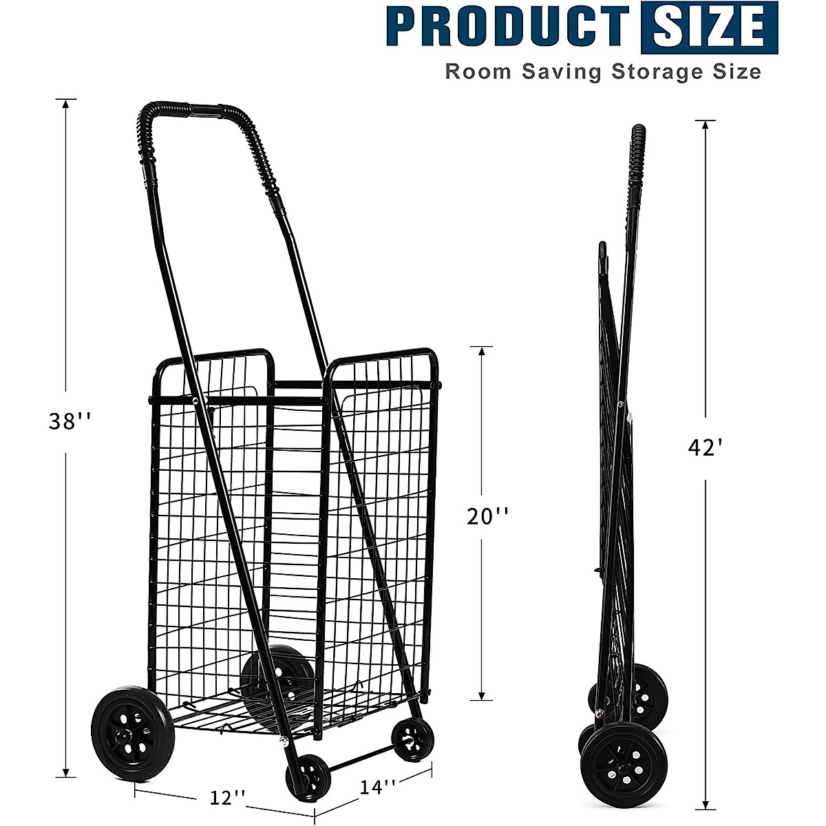 FiveShops Utility Cart with Wheels to be Used as a Shopping Cart, Grocery Cart, Laundry Cart and Stair Climber Cart, Weighs 7.5 Pounds but Holds up to 90 Pounds, Compact and Foldable, Black