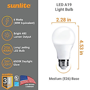 Sunlite LED A19 Light Bulb, 6 Watts (40 Watt Equivalent), 480 Lumens, 120 Volts, Dimmable, Medium E26 Base, Energy Star, UL Listed, RoHS, 6500K Daylight, 1 Pack