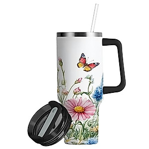 Flradish 30oz Tumbler with Handle, Daisy Flowers Stainless Steel Tumbler with Lid and Straws Double Wall Vacuum Insulated Leakproof Coffee Travel Mug