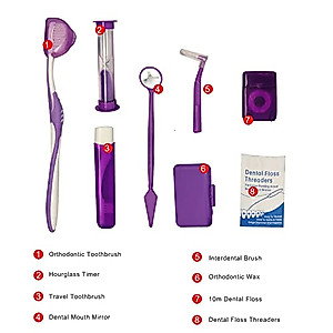 Net Bag Portable Orthodontic Care Kit Orthodontic Toothbrush Kit for Orthodontic Patient for Braces Travel Oral Care Kit Dental Travel Kit Interdental Brush Dental Wax Dental Floss (8 Pcs/Pack)-Purple