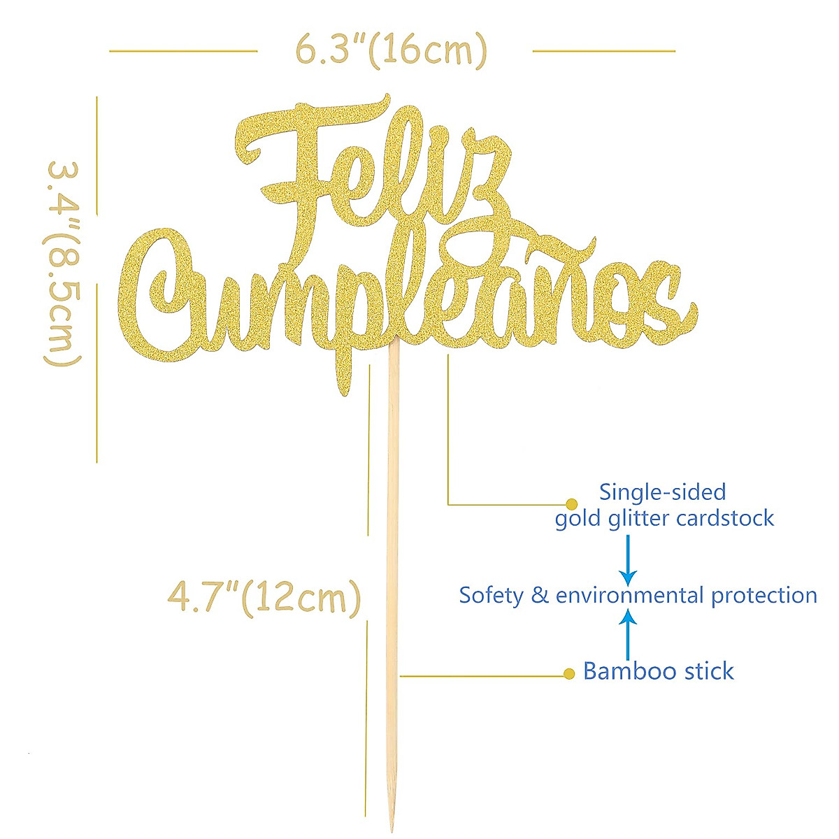 Spanish Feliz Cumpleaños Cake Topper - Gold Glitter Happy Birthday Cake Topper, Fiesta Theme Party Decoration supplies, single-side gold glitter decorations