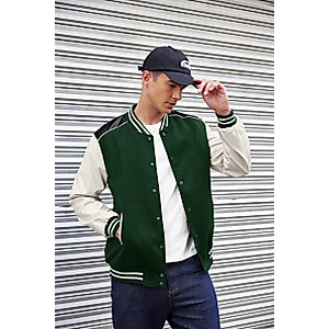 COOFANDY Mens Letterman Jackets Unisex Baseball Bomber Jacket Wool Faux Leather Coats Outwear Green Fall Jacket