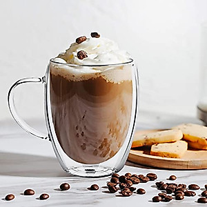 Top-spring Double Wall Glass Coffee Mugs, Clear Glass Coffee Cups with Handles - Set of 4 Double Wall Insulated Coffee Mug Tea Latte Espresso Cups (12oz, Clear)