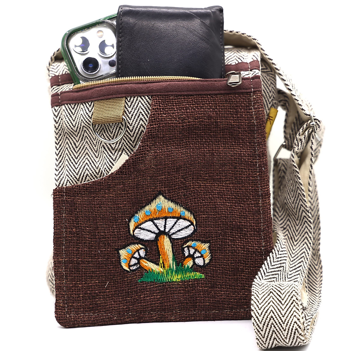 Himalaya Handmade Unique design Mushroom Embroidery Hemp Hobo Passport crossbody bag Festival Travel Bag 100% Himalaya Hemp FAIR TRADE Brown