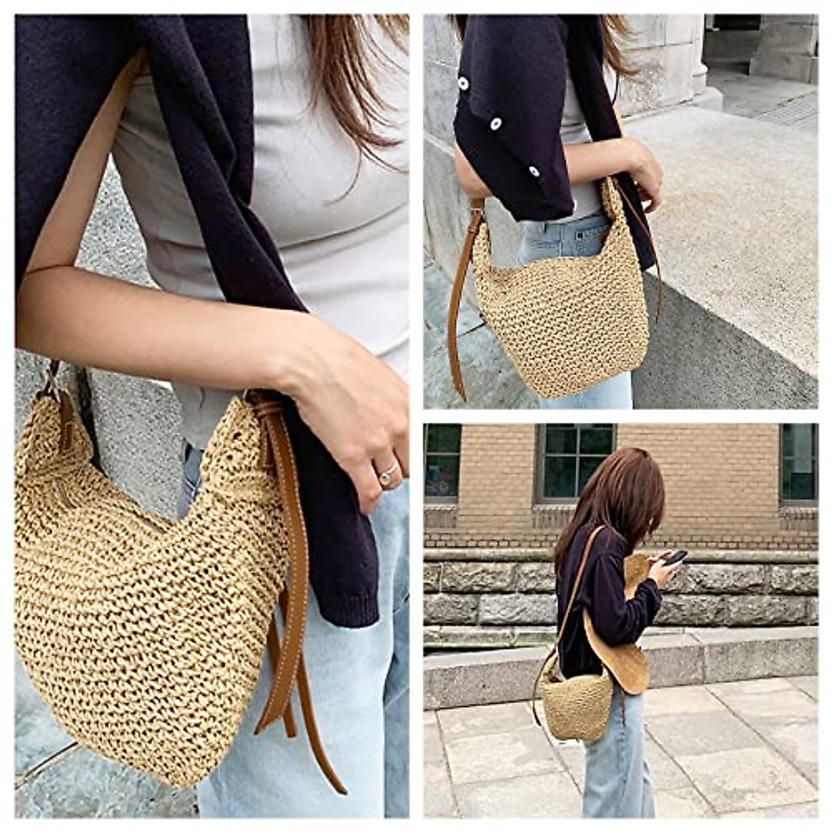 Ayliss Women Straw Handbag Purse Small Summer Beach Handmade Crossbody Shoulder Tote Handbag Handwoven Beach Straw Bag (Beige)