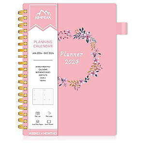 2023 Weekly & Monthly Planner, Jan. 2023 - Dec. 2023, AIMPEAK Weekly Planner 2023 with Tabs, Calendar Planner with Inner Pocket, Pen Loop, Flexible Cover，Spiral Binding, Pink(7"x10")